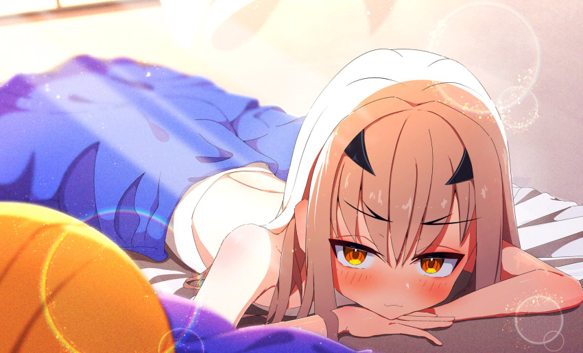 Safebooru - 1girl bare arms bare shoulders bed bed sheet bedroom blush breasts crossed arms fate ...