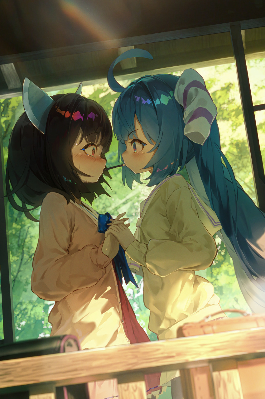 Safebooru - 2girls absurdres ahoge ap04astral blue bow blue bowtie blue eyes bow bowtie brown ...