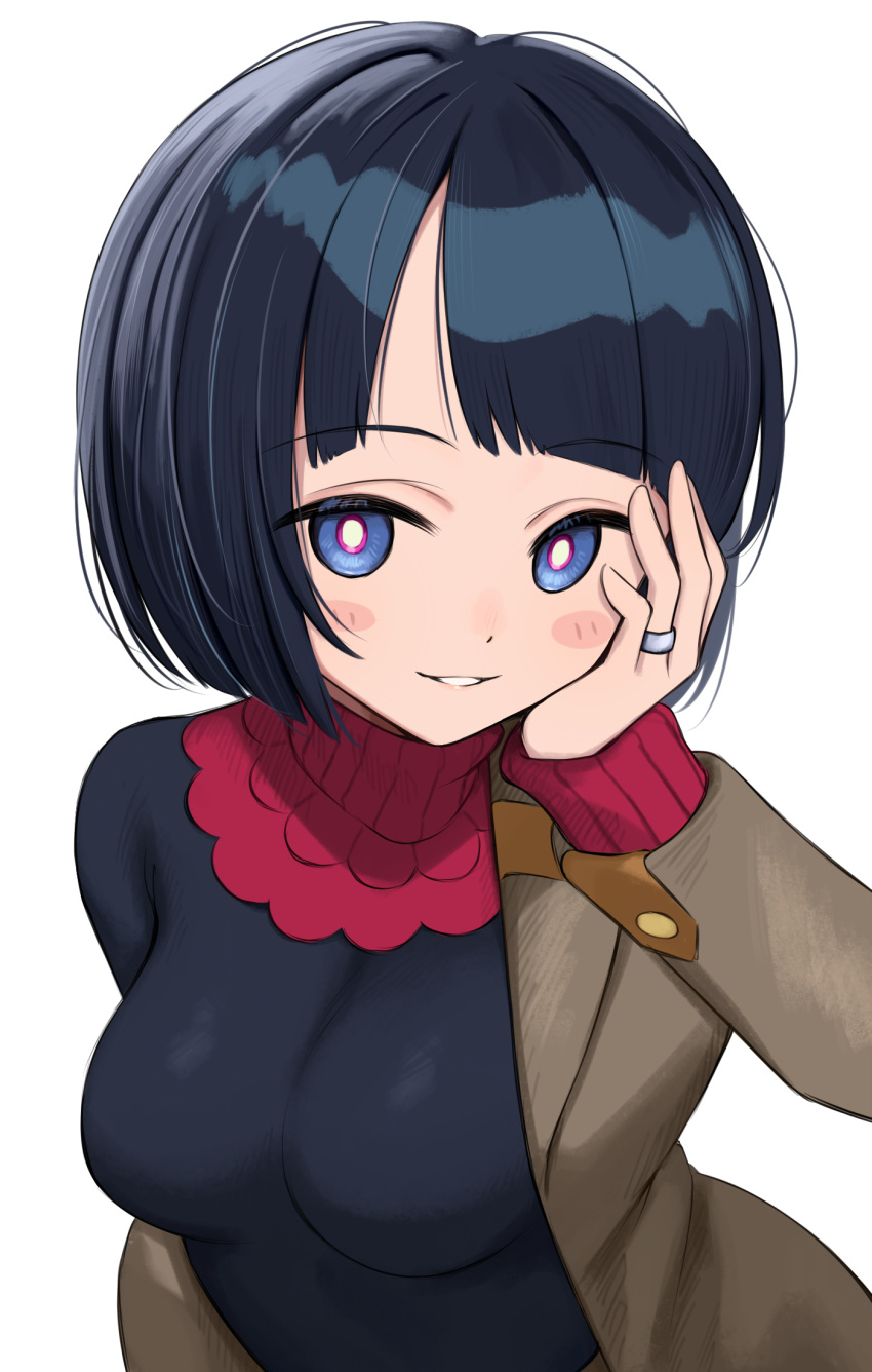 Safebooru - 1girl black hair black shirt blue eyes blush stickers breasts brown jacket ...
