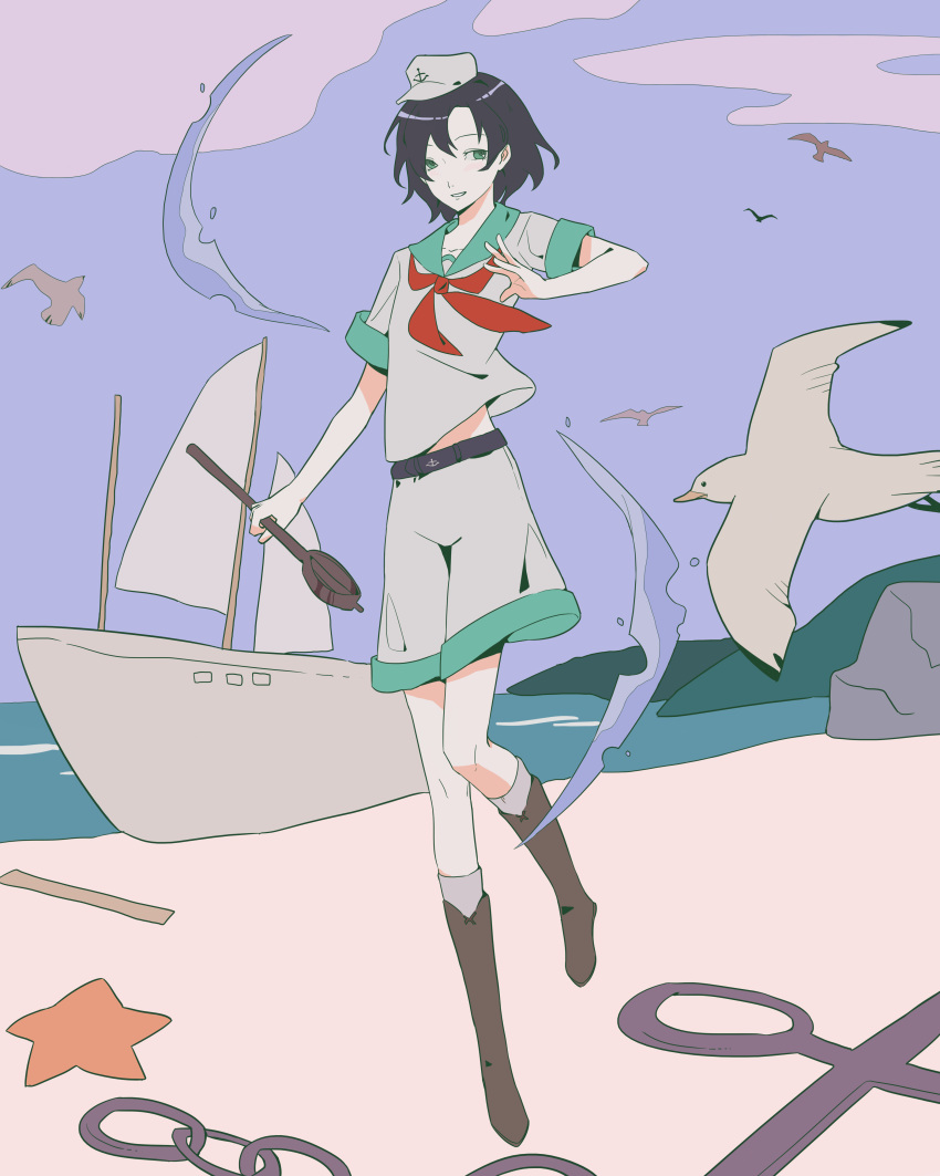Safebooru - 1girl absurdres anchor anchor symbol beach belt bird black belt black hair blue sky ...