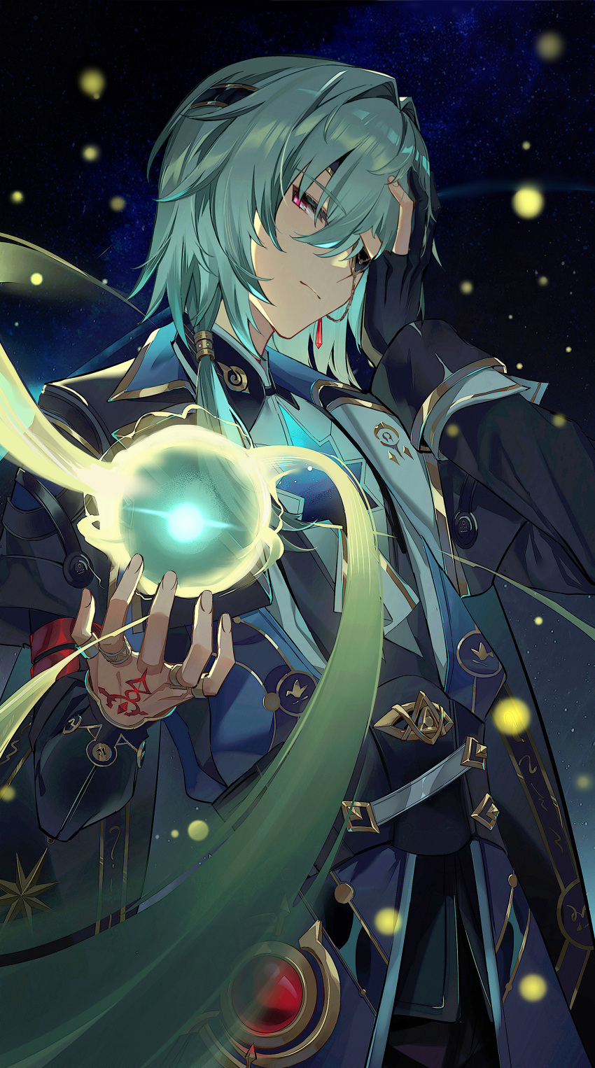 Safebooru - 1boy absurdres anaxa (honkai: star rail) aqua hair black gloves blue jacket closed ...