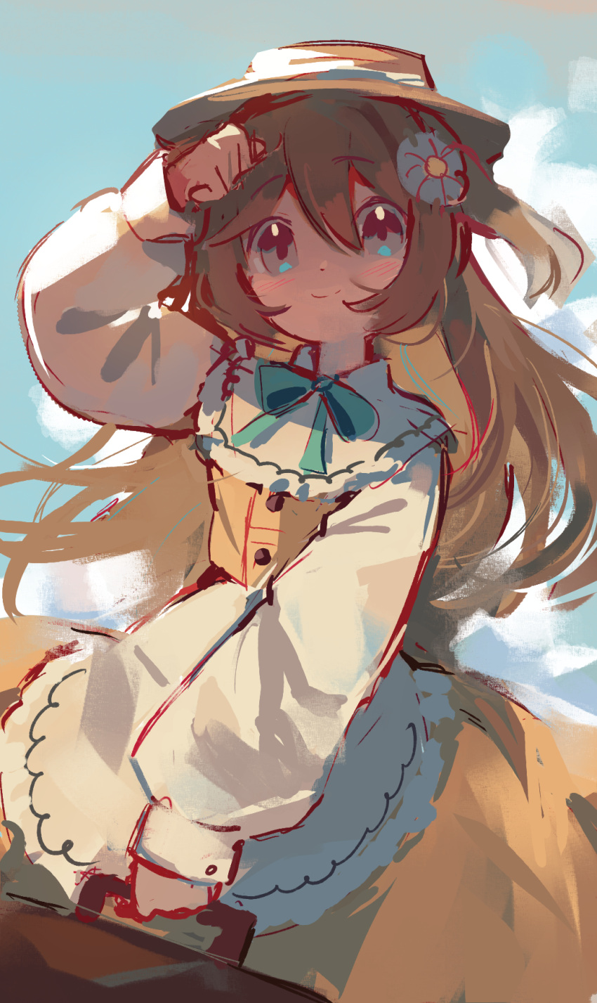 Safebooru - 1girl alternate costume apron blue eyes blue sky boater hat briefcase brown hair ...