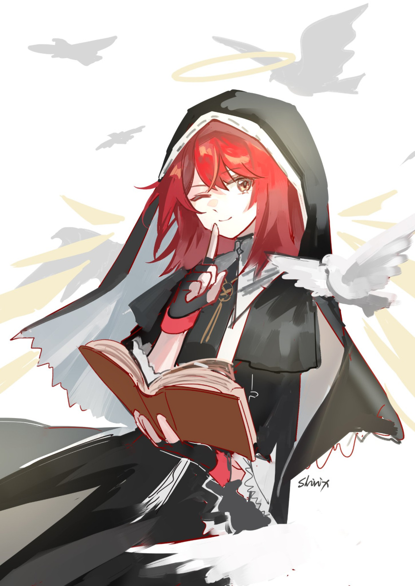 Safebooru - 1girl ;) angel arknights artist name bird black dress black ...