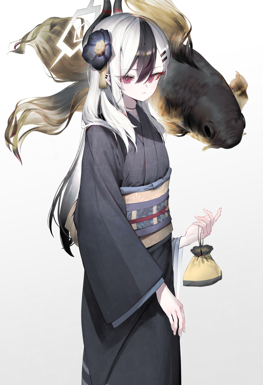Safebooru - 1girl absurdres black hair black kimono blue archive fish flower hair flower hair ...