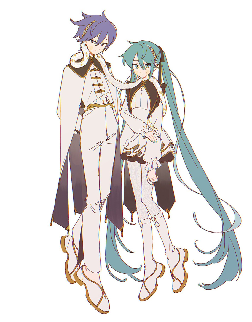 Safebooru - 1boy 1girl aqua eyes aqua nails arms behind back blue hair boots braid cape full ...