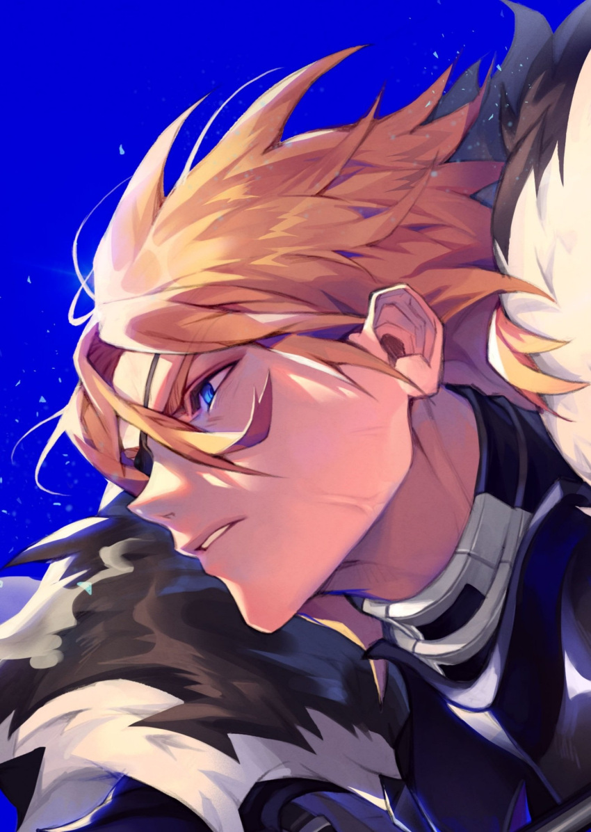 Safebooru - 1boy armor black armor black fur blue background blue eyes breastplate commentary ...