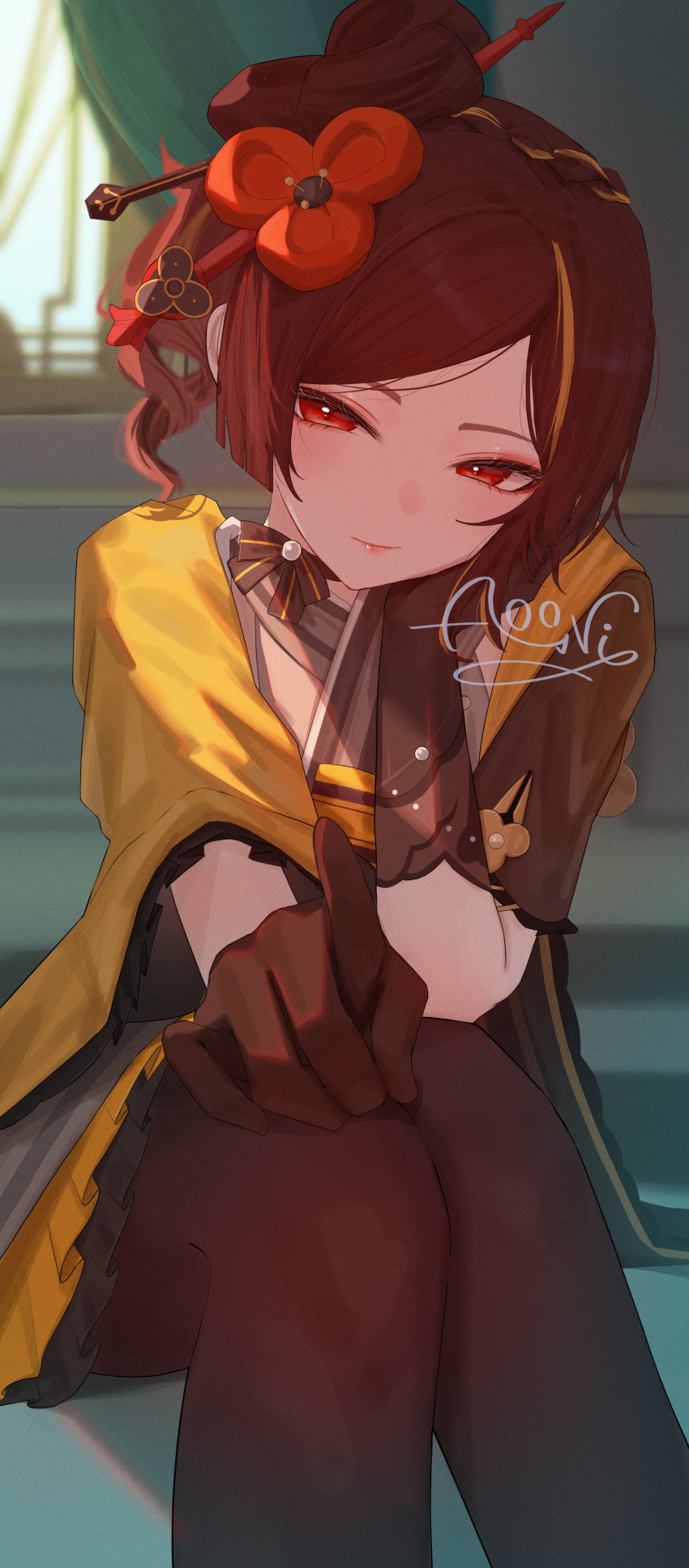 Safebooru - 1girl absurdres aooni 09 black gloves black pantyhose blonde hair blurry brown hair ...