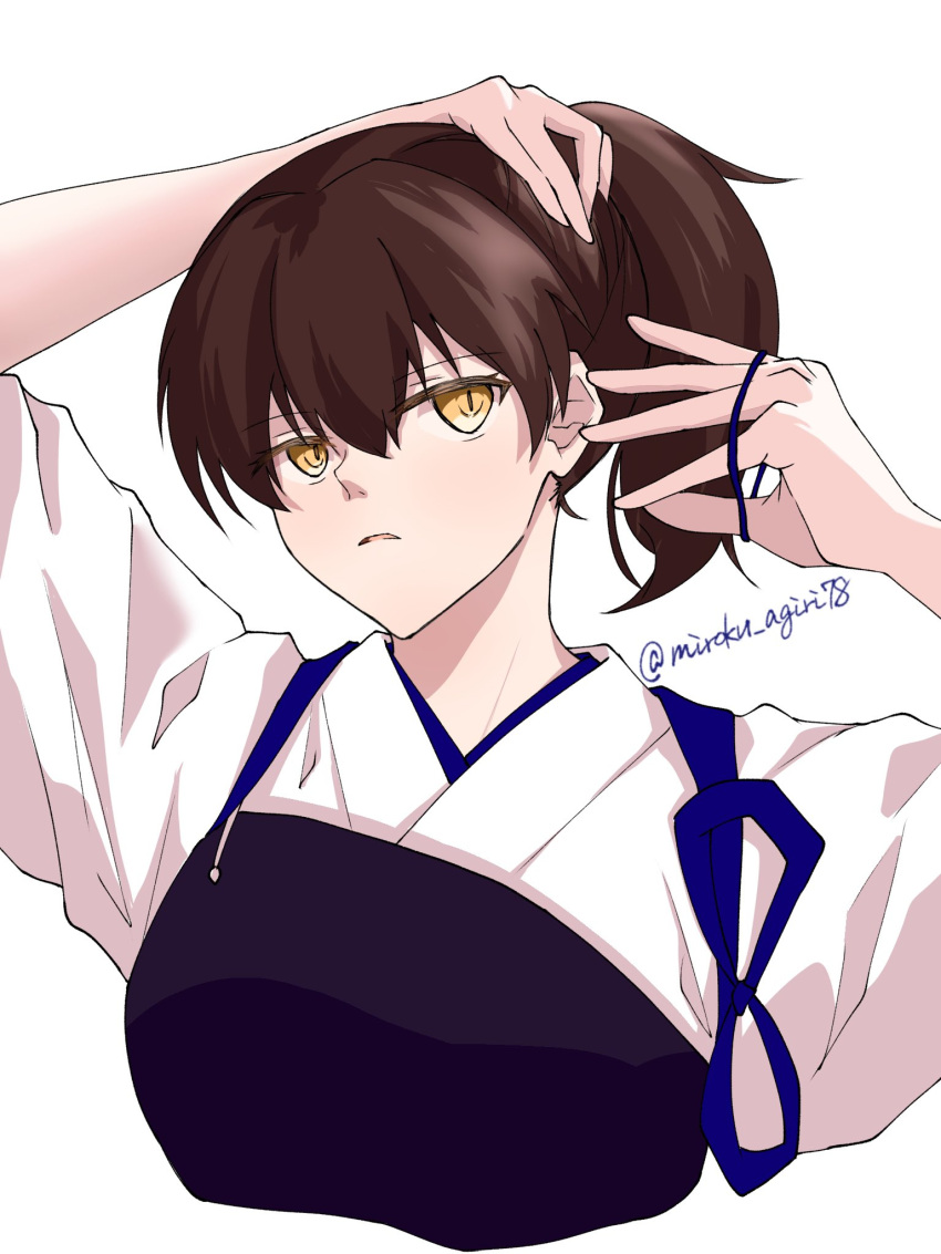 Safebooru - 1girl black hair highres holding holding own hair kaga ...