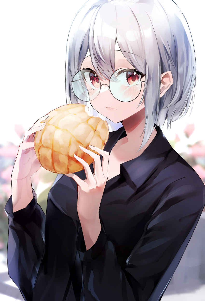 Safebooru - 1girl absurdres bangs black shirt blush bread closed mouth collared shirt eating ...