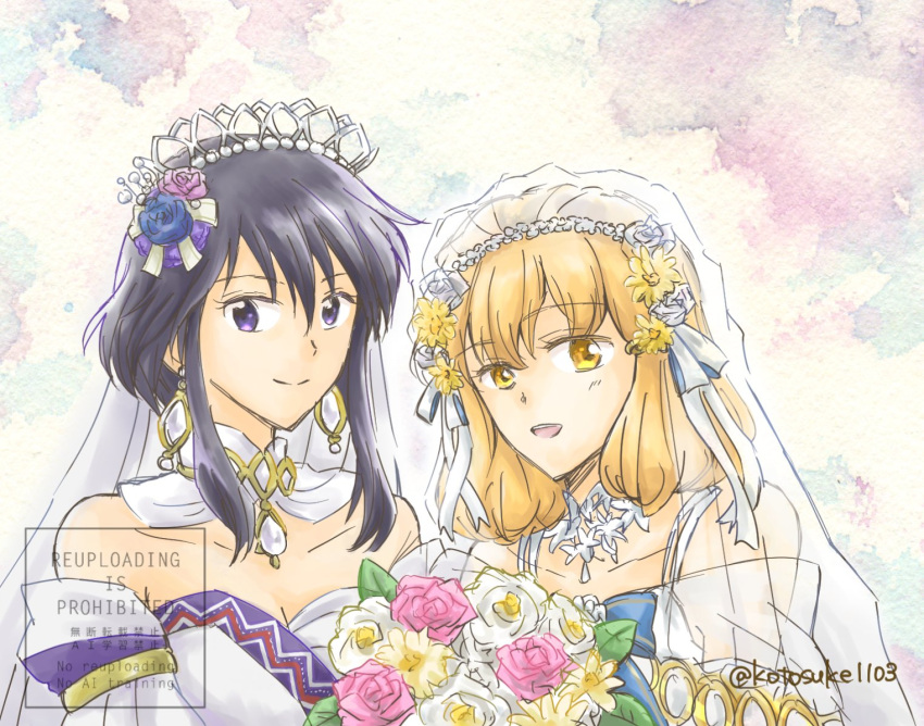 Safebooru - black hair bouquet bridal veil bride brooch choker dress ...