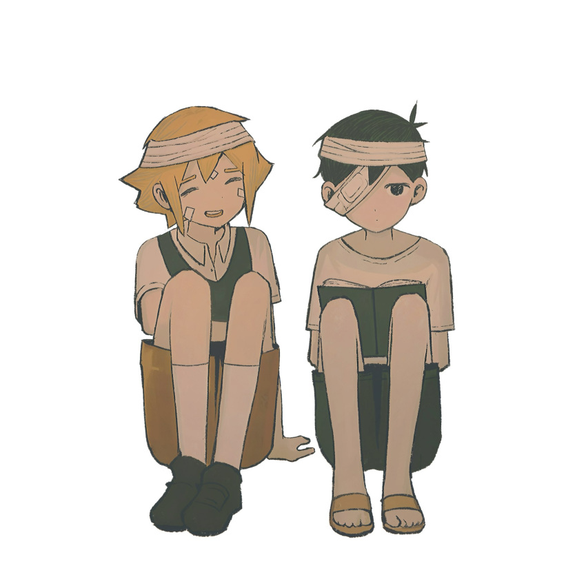 Safebooru - 2boys antenna hair arm support bandaged head bandages bandaid bandaid on face basil ...