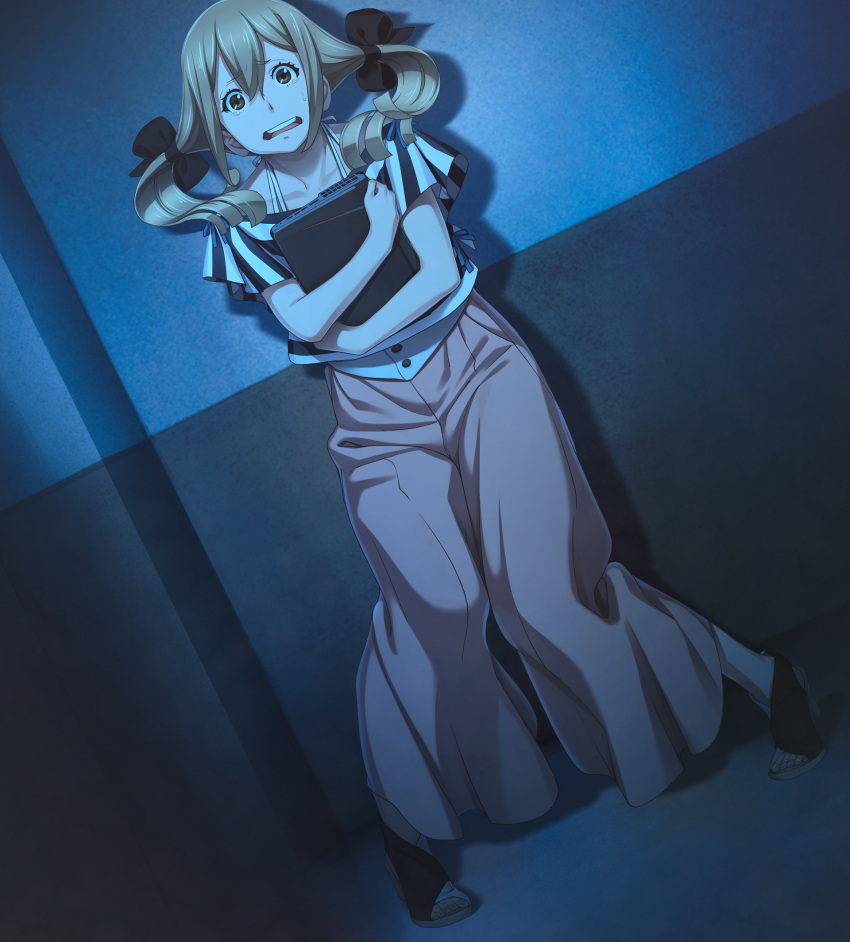 Safebooru - 1girl against wall baggy clothes baggy pants blonde hair blue ribbon bow bra strap ...