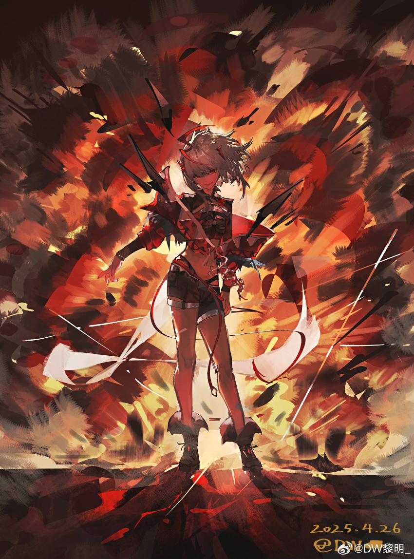 Safebooru - 1girl 2025 absurdres arknights black shoes black shorts dated explosion fire full ...