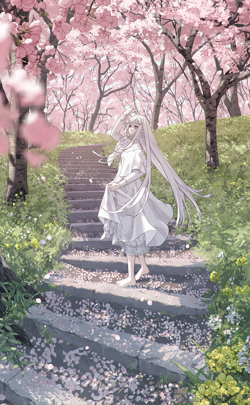 Safebooru - 1girl arm up barefoot cherry blossoms closed mouth commentary day dress full body ...