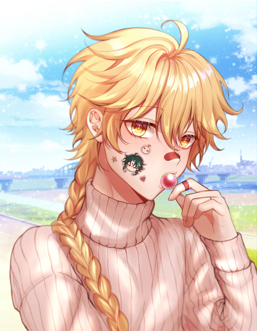 Safebooru - 1boy absurdres aether (genshin impact) ahoge bandaid bandaid on hand blonde hair ...