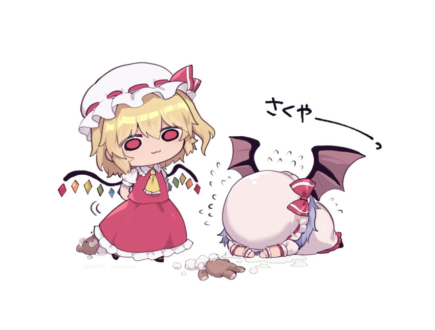 Safebooru - 2girls :3 arms behind back ascot bat wings blonde hair bow ...