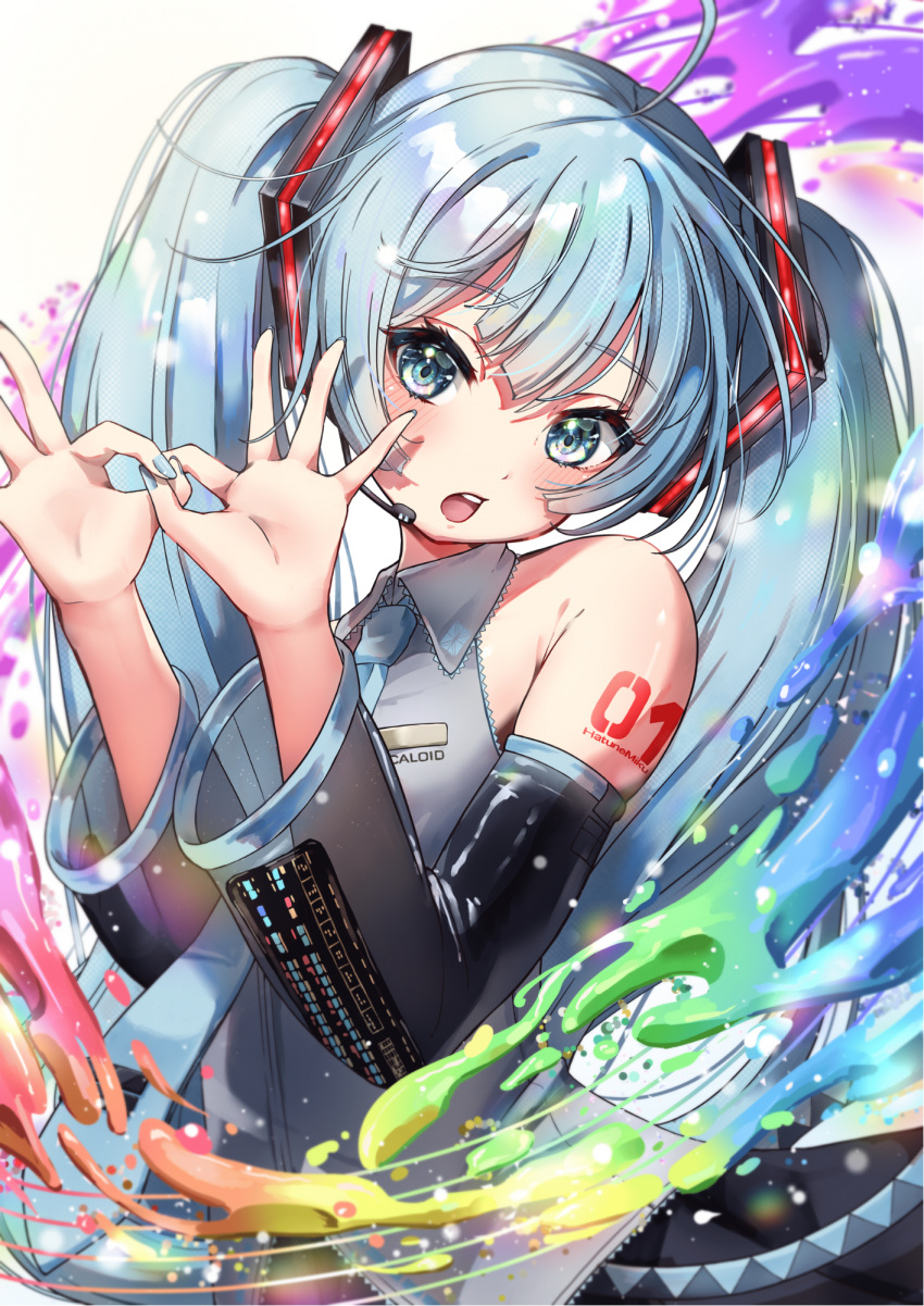 Safebooru - aqua eyes aqua hair aqua necktie bare shoulders black skirt black sleeves detached ...