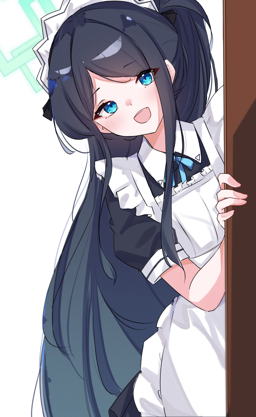 Safebooru - 1girl :d absurdres apron aqua halo aqua ribbon aris (blue archive) aris (maid) (blue ...