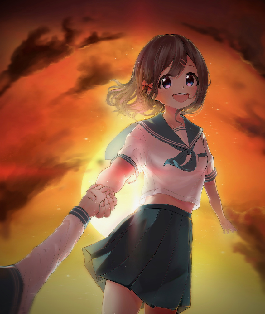 Safebooru - 1girl 1other :d absurdres amd aoneko blue eyes blue skirt bow breasts brown hair ...