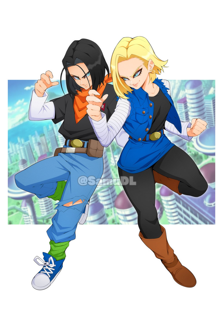 Safebooru - android 17 android 18 black hair black pantyhose black ...