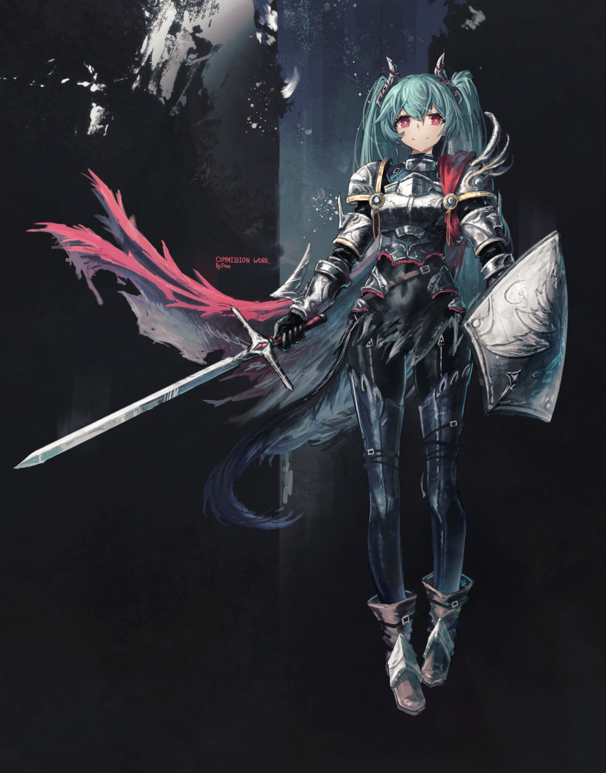 Safebooru - 1girl absurdres aqua hair armor armored boots black horns boots borrowed character ...