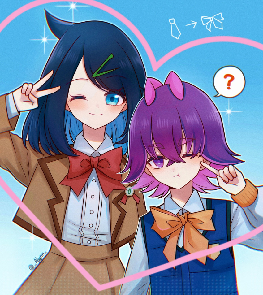 Safebooru - 2girls ;) ? absurdres alynn610 black hair blue eyes blue ...