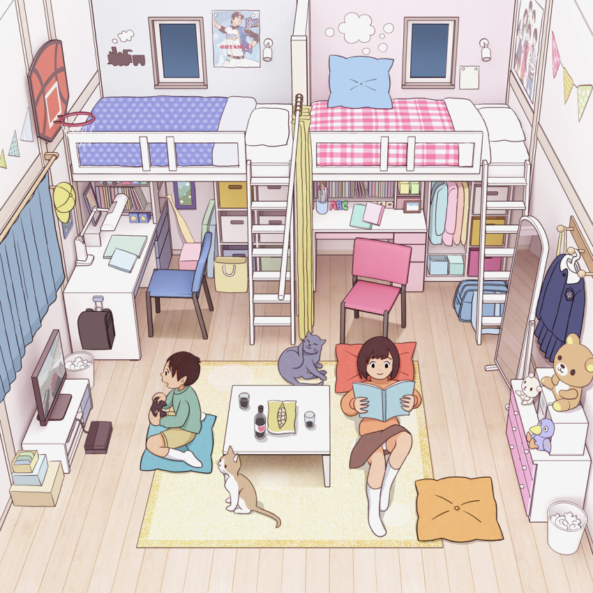 Safebooru - 1boy 1girl bra brother and sister cat curtains desk ...