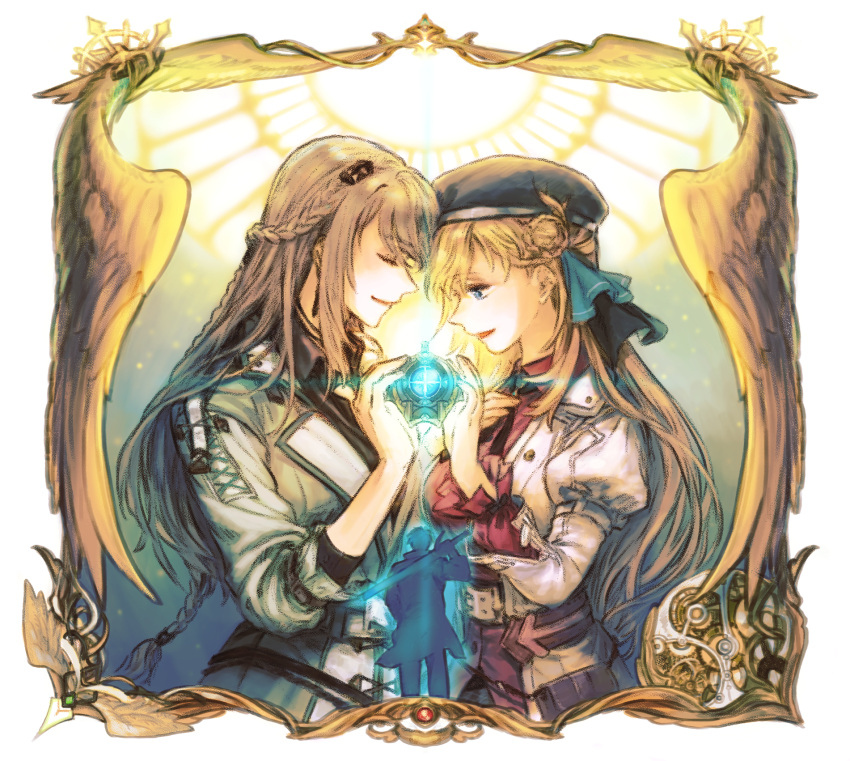 Safebooru - 2girls agnes claudel black hat blonde hair blue eyes blue ribbon border braid brown ...
