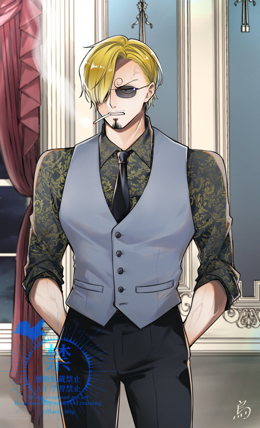 Safebooru - 1boy absurdres black 00g black necktie black pants blonde hair cigarette collared ...