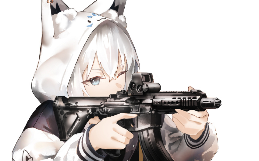 Safebooru - 1girl absurdres alternate costume animal ear hood ar-15 assault rifle blue eyes ...
