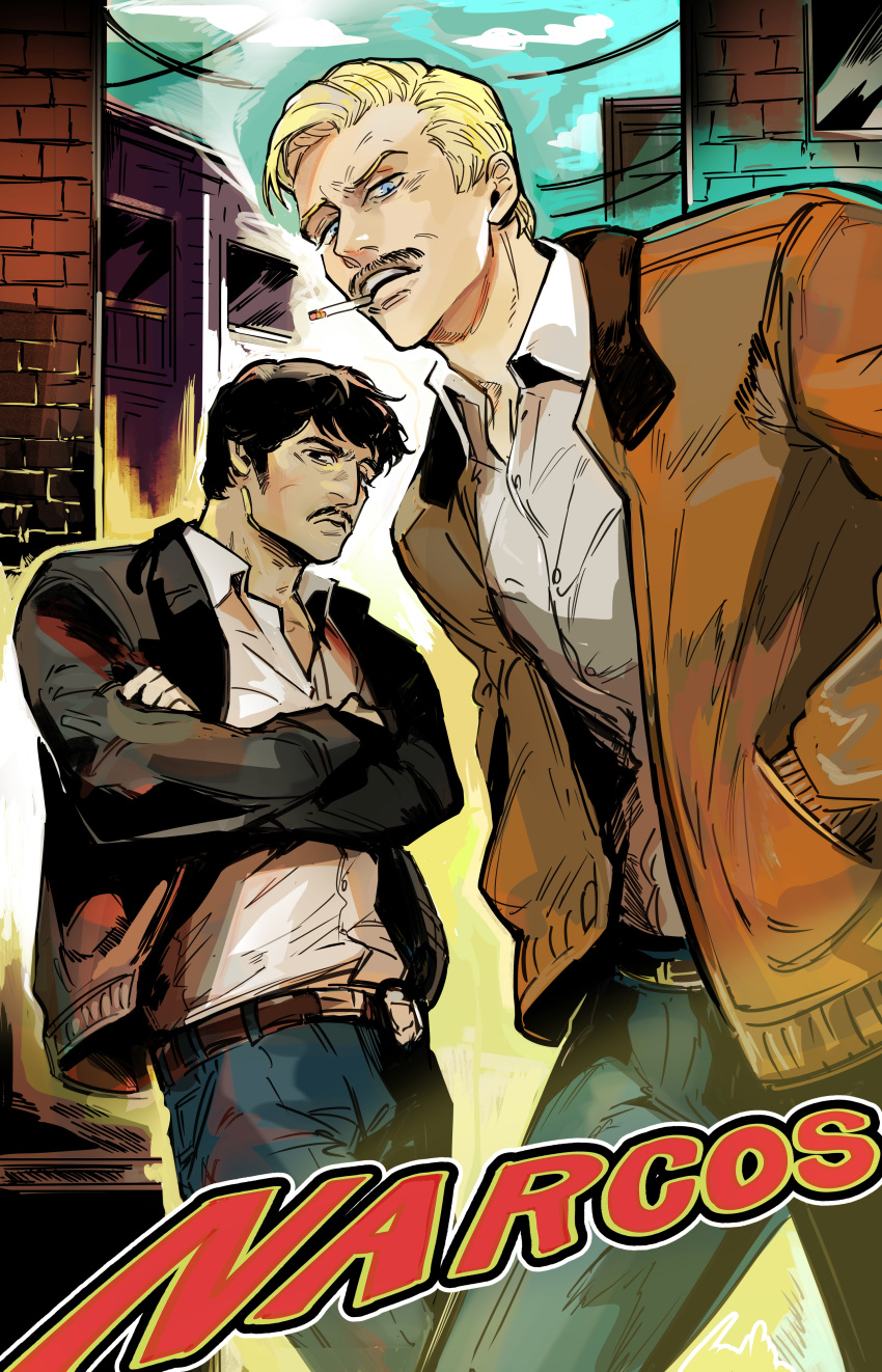 Safebooru - 2boys absurdres belt black hair black jacket blonde hair blue eyes blue pants brown ...