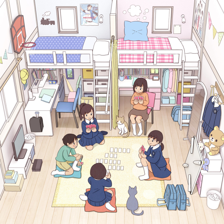 Safebooru - 1boy 4girls bra brother and sister card game cat curtains ...