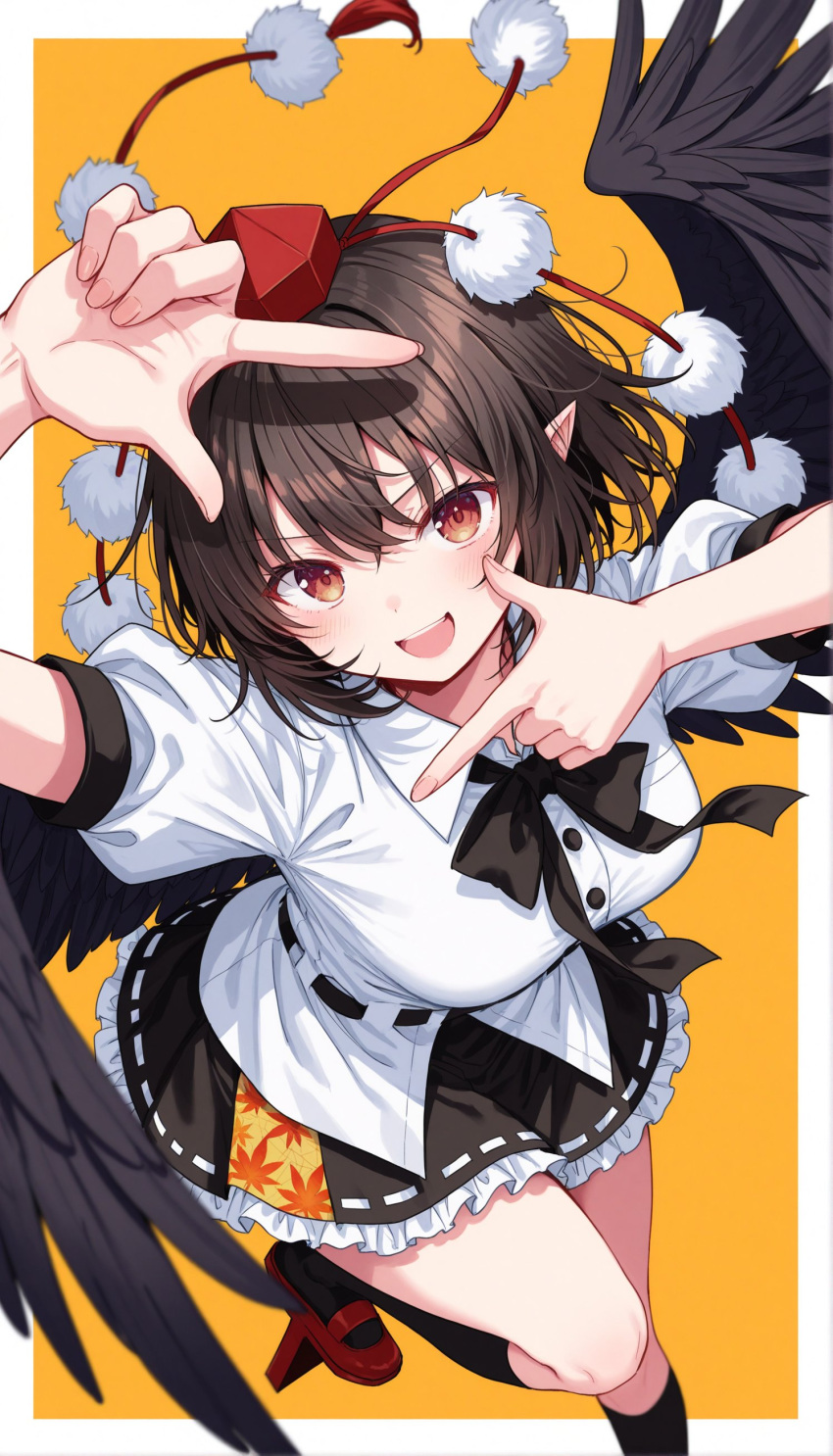 Safebooru - 1girl :d absurdres belt bird wings black belt black bow black bowtie black skirt ...