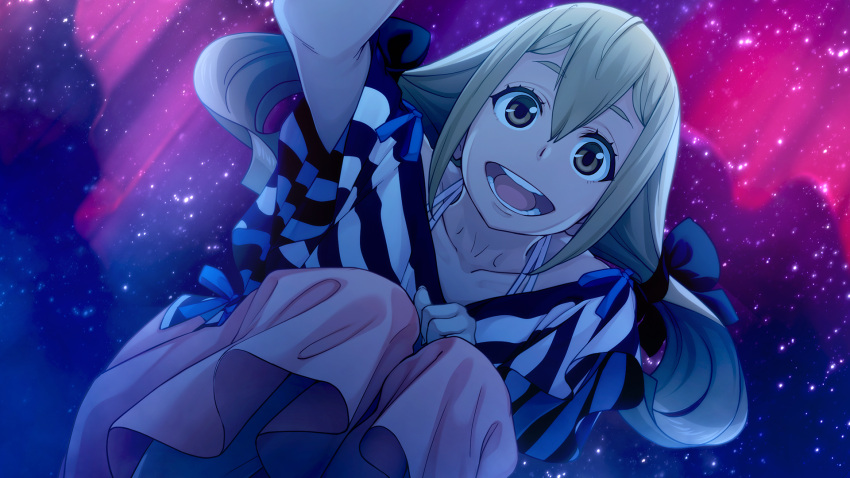 Safebooru - 1girl aurora baggy pants blonde hair blue ribbon bow bra strap check clothing ...