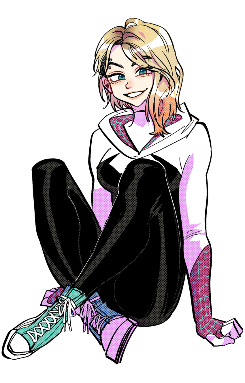 Safebooru - 1girl blonde hair blue eyes bodysuit breasts eyebrow piercing face piercing gradient ...