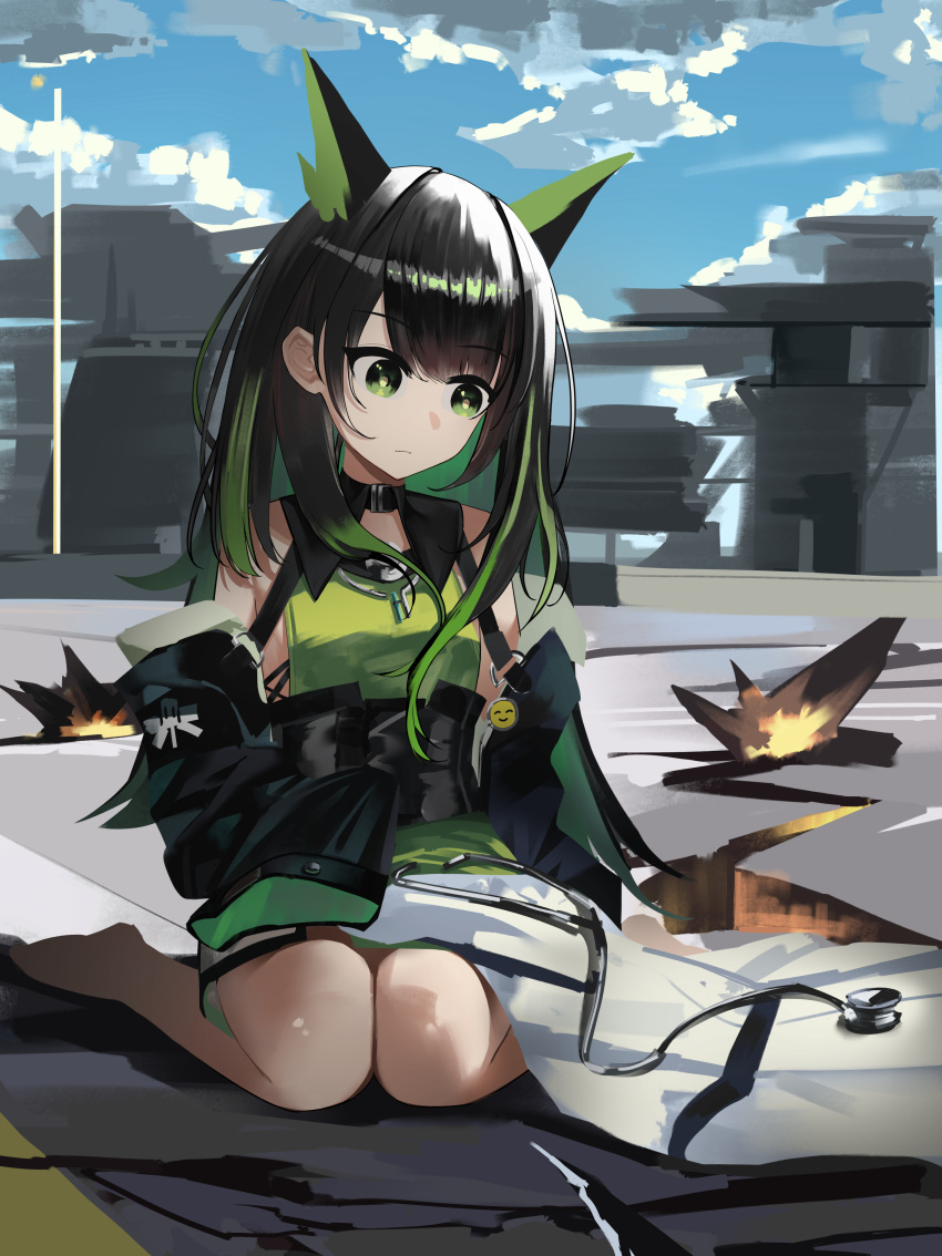 Safebooru - 1girl absurdres animal ears arknights bare shoulders barefoot black hair clouds ...