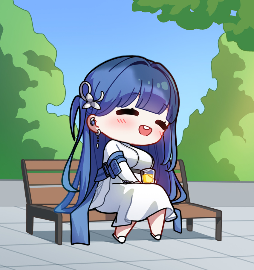 Safebooru - 1girl = = arcana (nikke) bench blue hair blue sky blunt ...