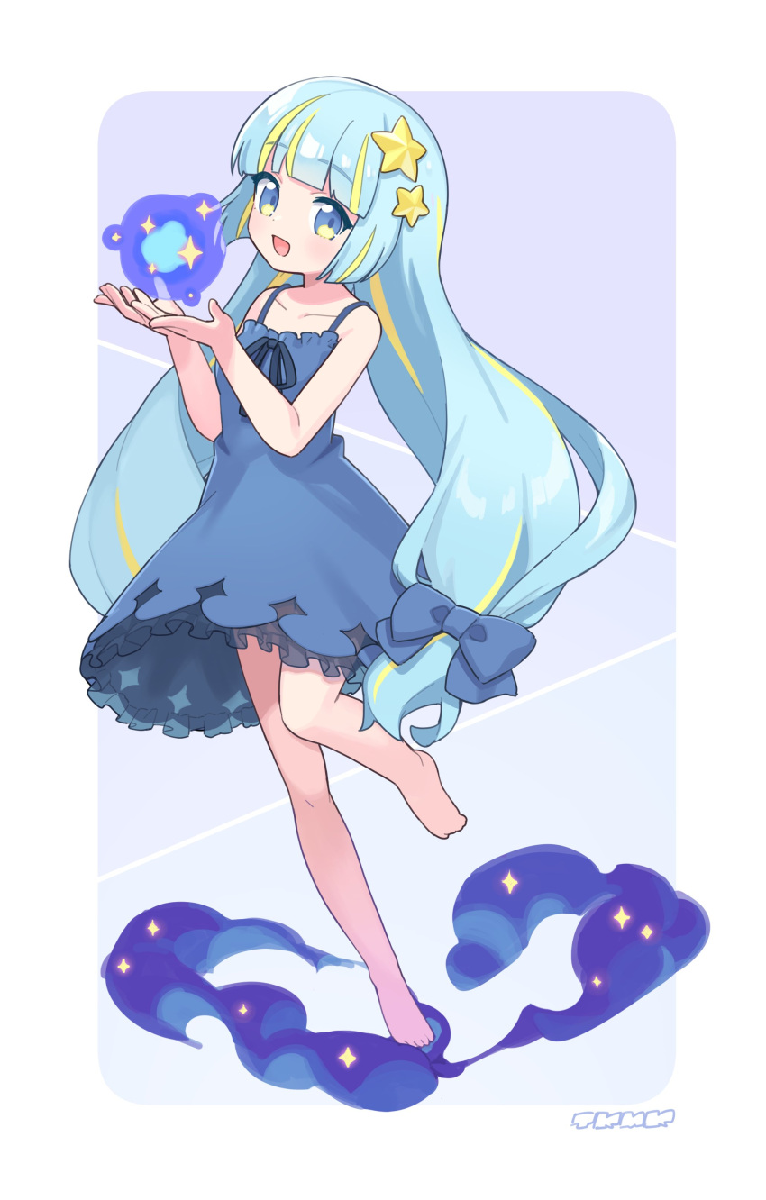 Safebooru - 1girl :d absurdres bare arms bare shoulders barefoot blonde hair blue background ...