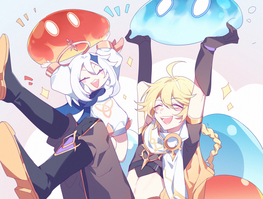 Safebooru - 1boy 1girl aether (genshin impact) ahoge arm armor black gloves black scarf blonde ...