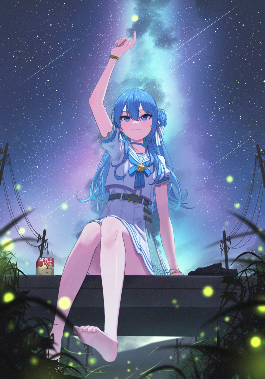 Safebooru - 1girl arm up barefoot blue eyes blue hair bowsan feet fireflies full body highres ...