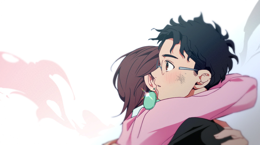 Safebooru - 1boy 1girl absurdres arms around neck ayase momo black hair black jacket blush brown ...