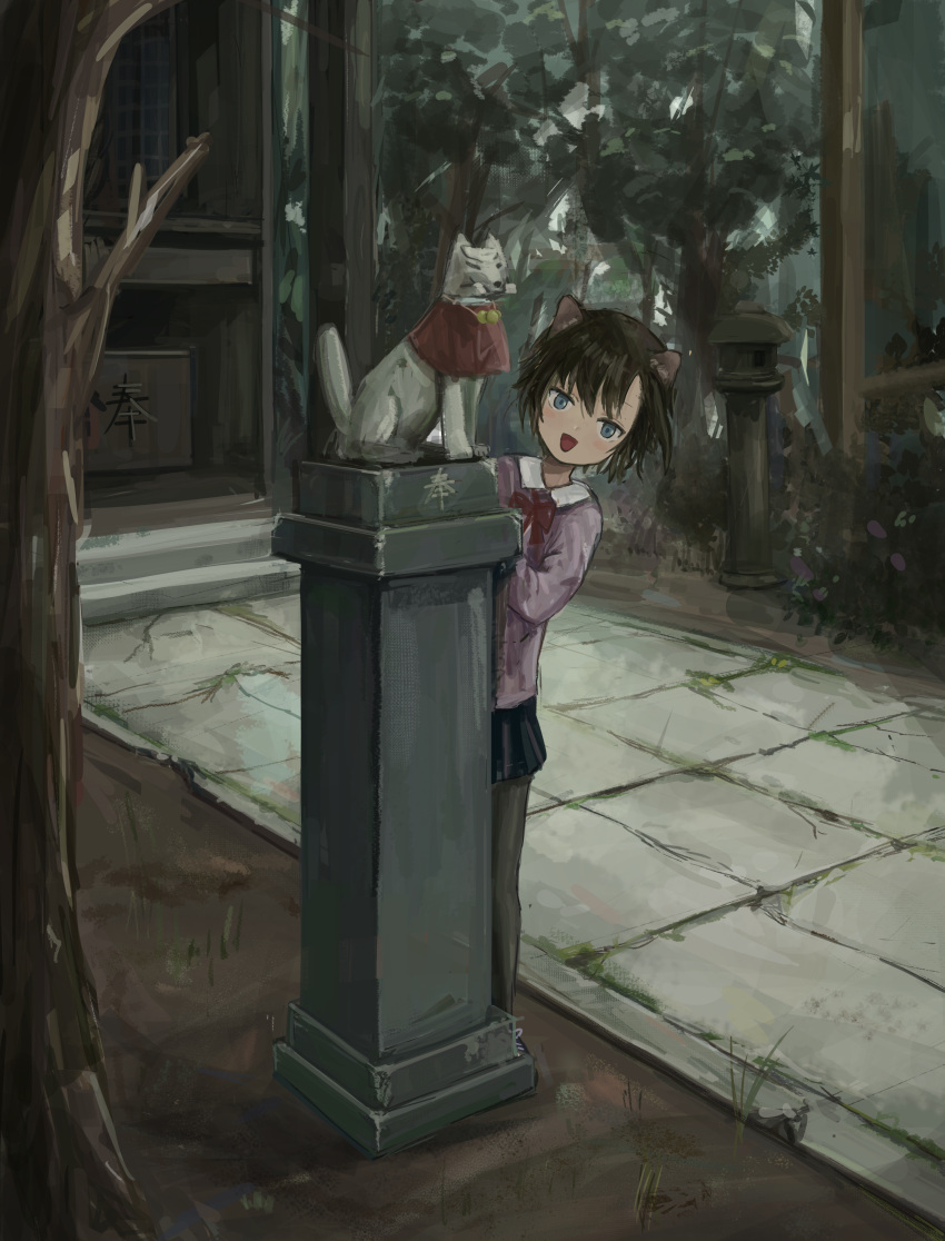 Safebooru - 1girl absurdres animal ears black hair black skirt blue eyes bow bowtie cat ears ...