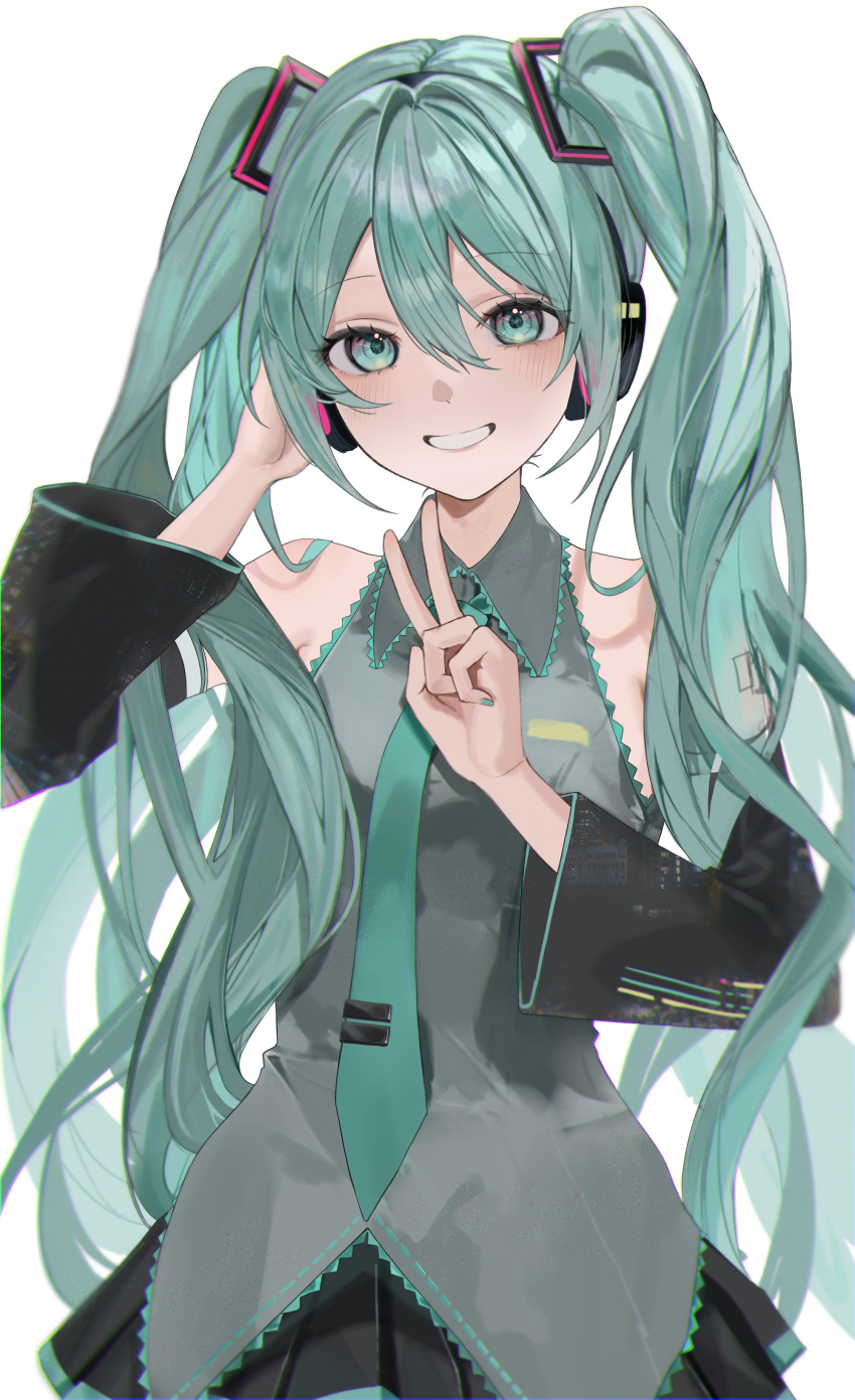 Safebooru - absurdres aqua eyes aqua hair aqua nails aqua necktie black sleeves detached sleeves ...