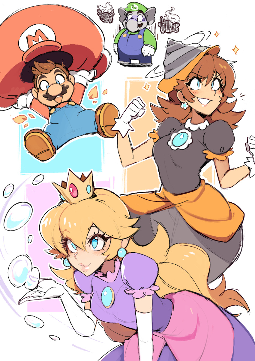 Safebooru - 2boys 2girls almightychiru black dress blonde hair blue eyes blue overalls brooch ...