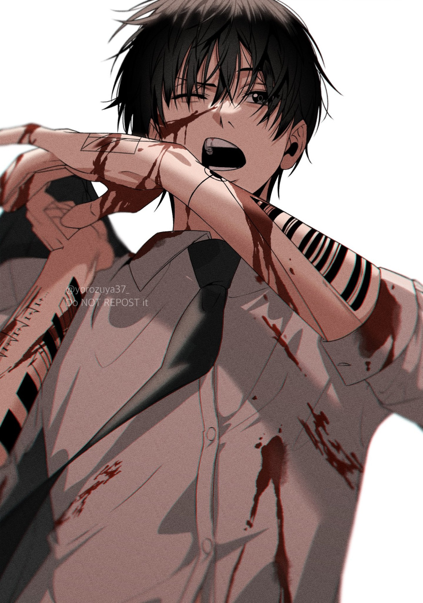 Safebooru - 1boy arm tattoo black eyes black hair black necktie blood blood on arm blood on ...