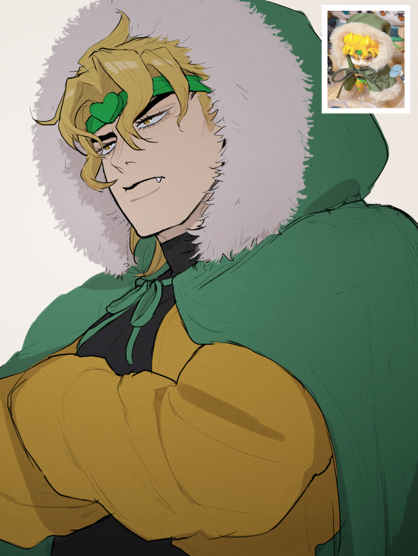 Safebooru - 1boy blonde hair cloak commentary request crossed arms dio brando fang fang out fur ...