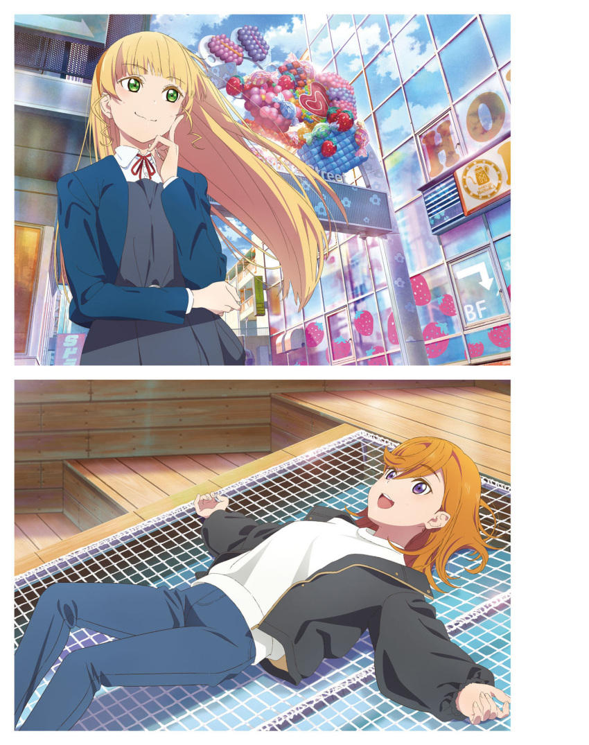 Safebooru - 2girls artbook blonde hair blue jacket blunt bangs denim dress green eyes hairband ...