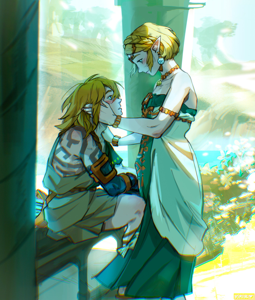 Safebooru - 1boy 1girl absurdres bare shoulders blonde hair blush braid closed mouth commentary ...