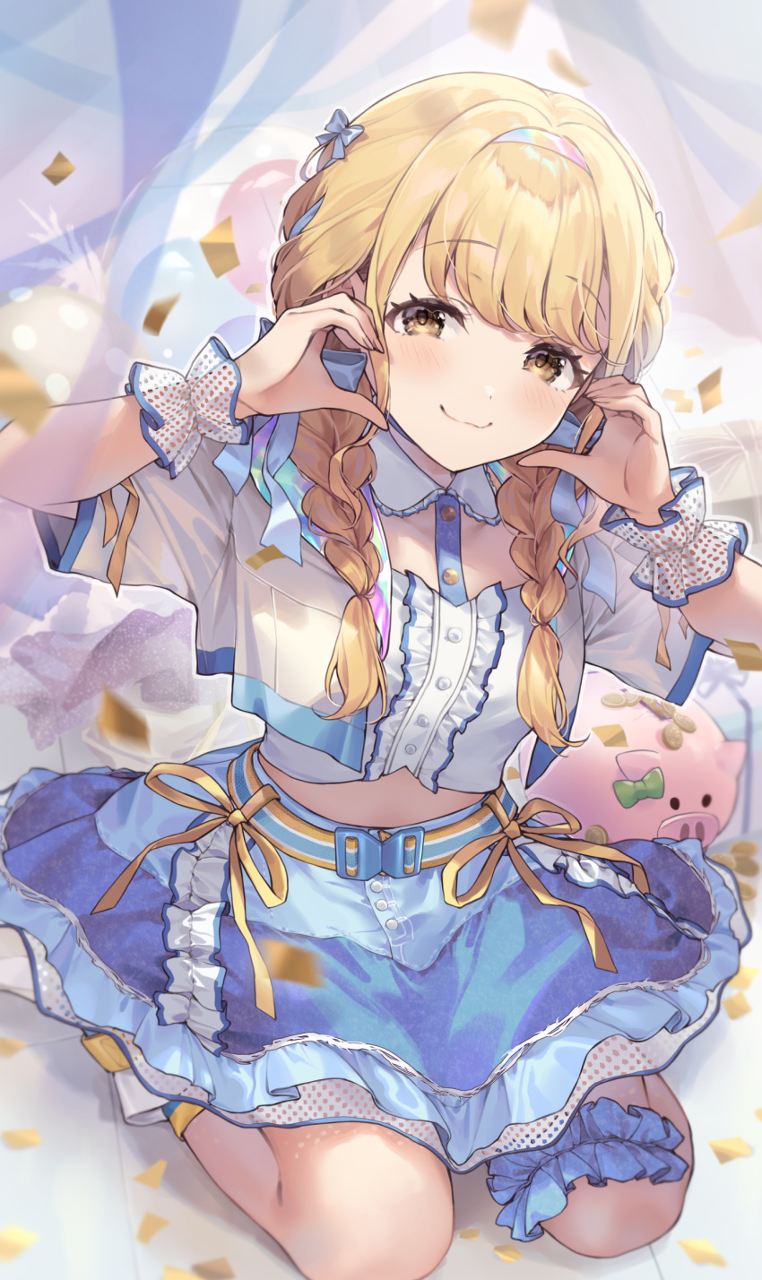 Safebooru - 1girl blonde hair blue skirt blush braid center frills confetti cropped jacket ...