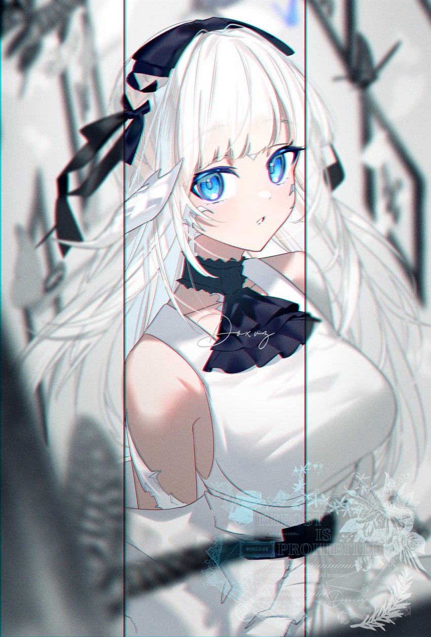 Safebooru - absurdres ascot au ra bare shoulders black ascot blue eyes bow breasts dragon girl ...